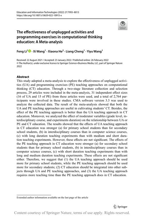 The Effectiveness Of Unplugged Activities And Programming Exercises In Computational Thinking
