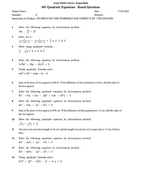 maths quadratic worksheet pdf
