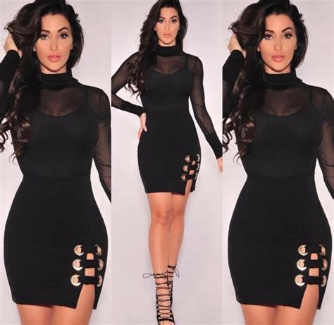 Shining Beauty Womens Sexy Mesh Long Sleeve Bandage Dress 2017 Ladies Knittedblack Bodycon