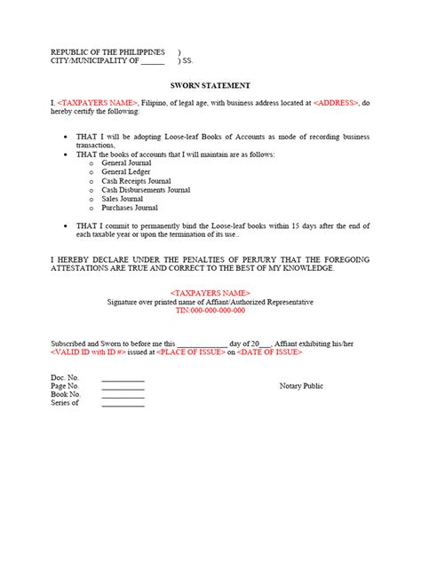 Sworn Statement For Application Of Permit To Use Loose Leaf Books Of