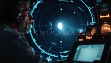 An Operator Focused Intently On A High Tech Radar System Inside A Dimly Lit Control Room The