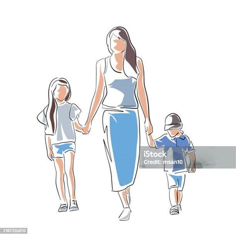 가족 초상화 아이들과 함께 걷는 여자 라인 아트 고립 된 벡터 일러스트 레이 션 어머니에 대한 스톡 벡터 아트 및 기타 이미지 어머니 스케치 드로잉 Istock