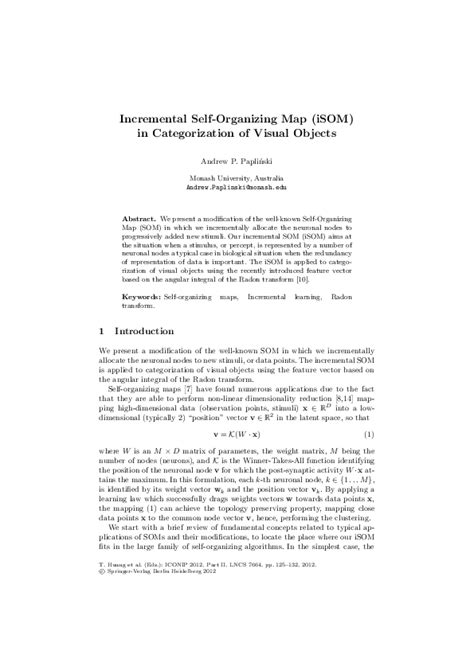 Pdf Incremental Self Organizing Map Isom In Categorization Of Visual Objects