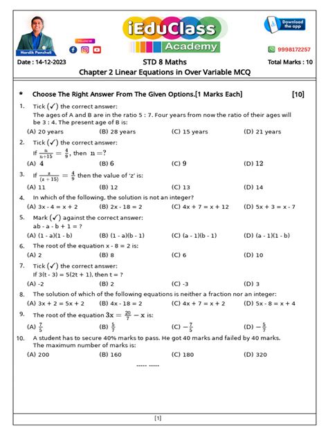 Chapter 2 Linear Equations In Over Variable Mcq Pdf Equations Elementary Mathematics