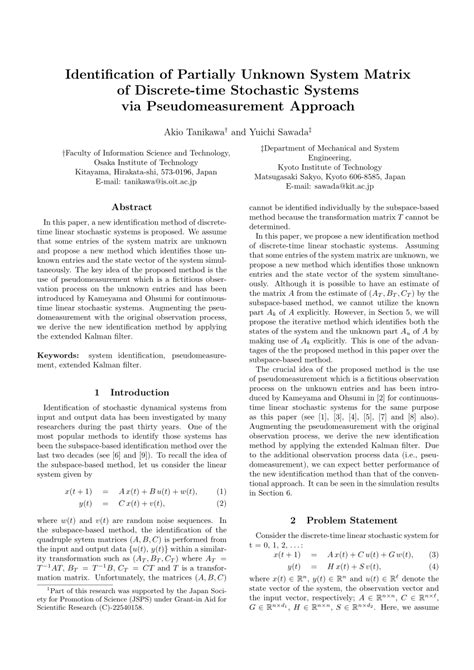 Pdf Identification Of Partially Unknown System Matrix Of Discrete Time Stochastic Systems Via