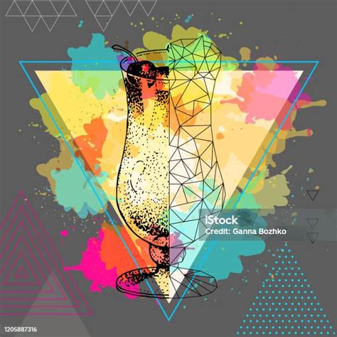 예술적인 수채화 배경에 힙스터 현실적이고 다각형 칵테일 피나 콜라다 Dj에 대한 스톡 벡터 아트 및 기타 이미지 Dj 고풍스런 과일 Istock