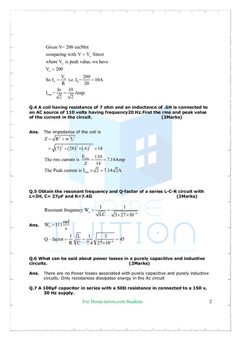 Important Questions For Class 12 Physics Chapter 7 Alternating Current