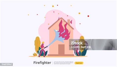 소방 서 불타는 집에 대 한 호스에서 물 스프레이를 사용 하 여 소방 관 소방 관 제복 소방 서 구조 대원 웹 랜딩 페이지 배너 프레젠테이션 프로 모션 또는 인쇄 미디어에