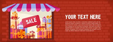 텍스처와 붉은 벽돌 벽에 빛나는 상점 앞 수평 배너 선물 상자 내부 판매 가게의 창문은 줄무늬 캐노피로 장식되어 있습니다 텍스트에 배치합니다 플랫 만화 벡터 0명에 대한