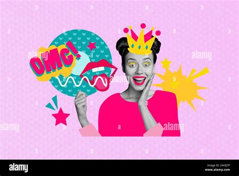 Creative Picture Collage Young Astonished Girl Royal Golden Crown