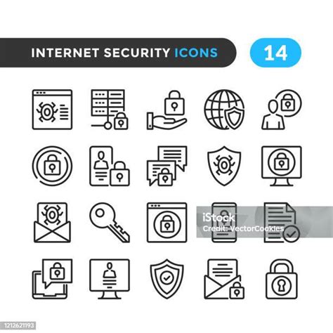 인터넷 보안 회선 아이콘입니다 개요 기호 컬렉션입니다 현대 스트로크 선형 요소 프리미엄 품질 픽셀 완벽 벡터 가는 선 아이콘 세트 네트워크 보안에 대한 스톡 벡터 아트 및