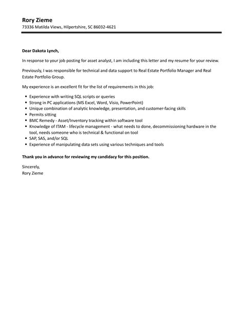 Asset Analyst Cover Letter Velvet Jobs