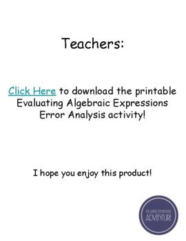 Evaluating Algebraic Expressions Error Analysis TPT