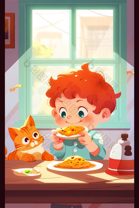 小孩吃零食的皮克斯插画图片 包图网