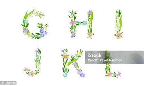 꽃 알파벳 G H I J K L 글자 봄 꽃과 나뭇잎으로 만든 벡터 일러스트 레이 션 식물학에 대한 스톡 벡터 아트 및 기타