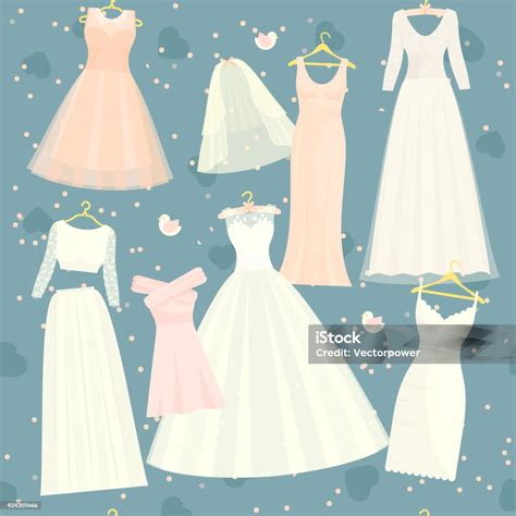 신부 및 신부 들러리 백색 착용 드레싱 액세서리 신부 샤워 축 하 및 결혼 절연 옷차림이 맵시 있는 패션 그림 완벽 한 패턴 배경 설정 웨딩 드레스 벡터 드레스에 대한 스톡