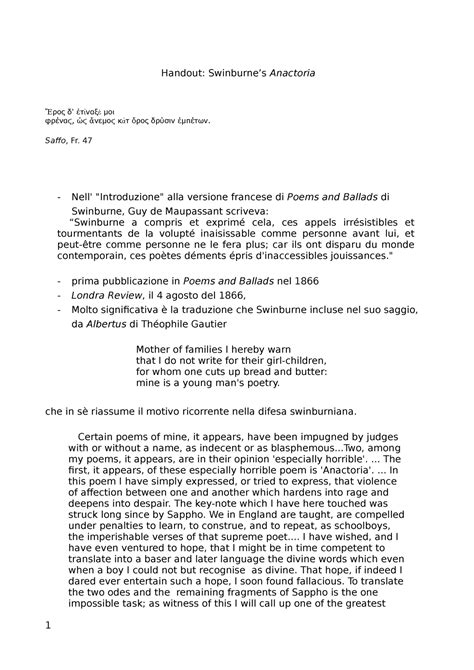 Handout Swinburne Anactoria Handout Swinburnes Anactoria Ἔρος δ ἐτὶὶναξέ μοι φρέναϛ ὠϛ