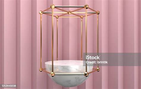 추상적 기하학적 형상 그룹 세트 핑크 스튜디오 배경 골든 케이지 3d 렌더링 기하학적 형태의 장면 골드 육각 프레임 내부의 대리석 받침대 패션 미니멀리즘 장면 심플한 깔끔한