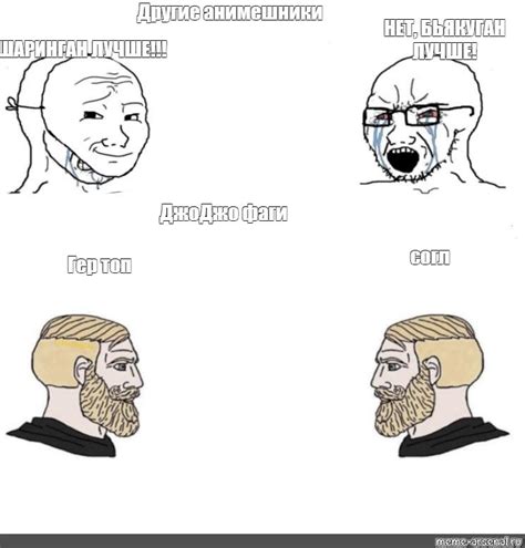 Комикс мем Другие анимешники НЕТ БЬЯКУГАН ЛУЧШЕ ШАРИНГАН ЛУЧШЕ ДжоДжо фаги согл Гер топ