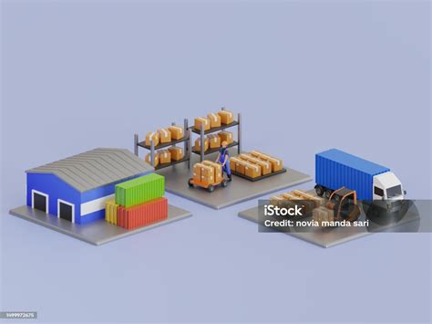 3d 창고 작업자가 선반에 상품을 정리하고 있습니다 창고 및 유통 센터 창고에서 상자를 정리하는 작업자 3d 일러스트레이션 건축물에 대한 스톡 사진 및 기타 이미지 Istock