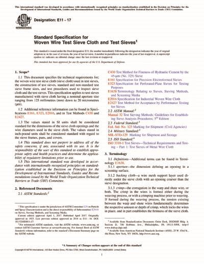 Astm E11 17 Standard Specification For Woven Wire Test Sieve Cloth And Test Sieves