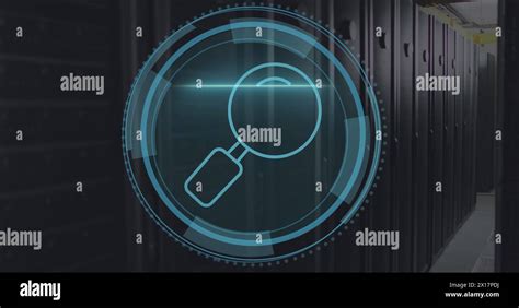 Image Of Cyber Security Text And Magnifying Glass Scanning Against Computer Server Room Stock