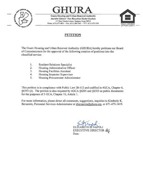Notice Of Intent Creation Of Positions GHURA Guam Housing And Urban Renewal Authority