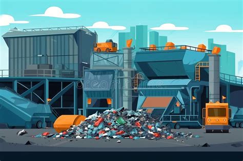Waste Sorting Plant Stylized Illustration Conveyors Filled With
