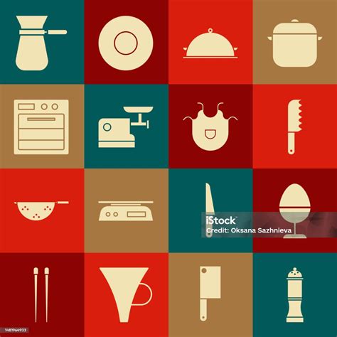세트 후추 스탠드에 닭고기 달걀 빵 칼 음식 쟁반으로 덮여 주방 고기 분쇄기 오븐 커피 터크 및 앞치마 아이콘 벡터 가리기에