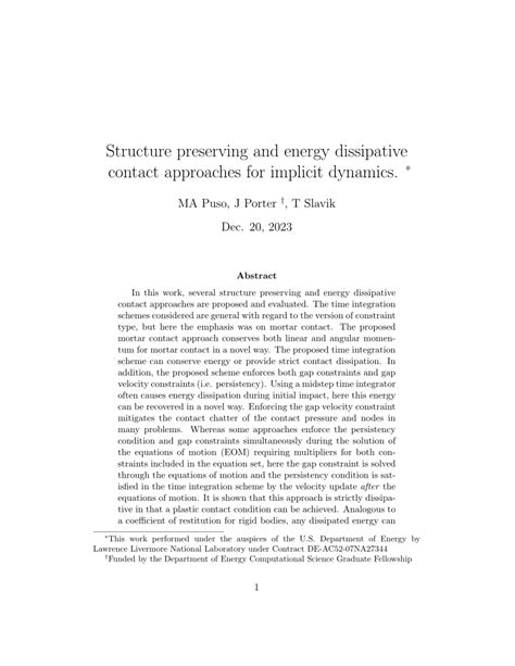 Pdf Structure Preserving And Energy Dissipative Contact Approaches For Implicit Dynamics