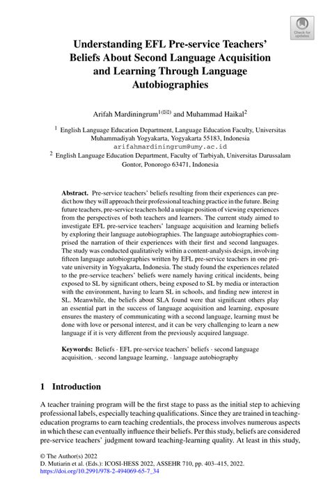 Pdf Understanding Efl Pre Service Teachers Beliefs About Second Language Acquisition And