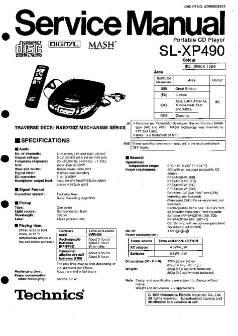 TECHNICS PORTABLE SL XP 490 Service Manual Download Schematics Eeprom Repair Info For