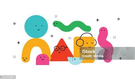 얼굴 감정과 기하학적 인 캐릭터 모양의 벡터 일러스트레이션 어린이 교육을위한 귀여운 다채로운 모양 곡선에 대한 스톡 벡터 아트 및 기타 이미지 Istock