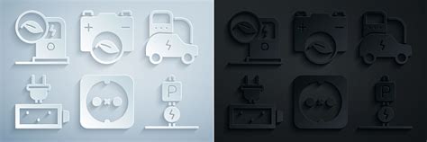 전기 콘센트 자동차 배터리 충전 주차 전기 충전 에코 자연 잎 배터리 및 충전소 아이콘을 설정합니다 벡터 0명에 대한 스톡 벡터