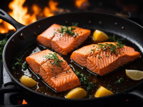 Premium Ai Image Two Large Salmon Fillets Fried In Oil In A Black Pan