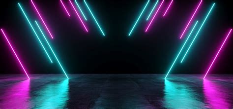 현대 미래 공상 과학 Refelctive 그런 지 젖은 보라색과 파란색 튜브 조명 클럽 배경 3d 렌더링을 적 열 하는 네온을 콘크리트 어두운 빈 룸 3차원 형태에 대한