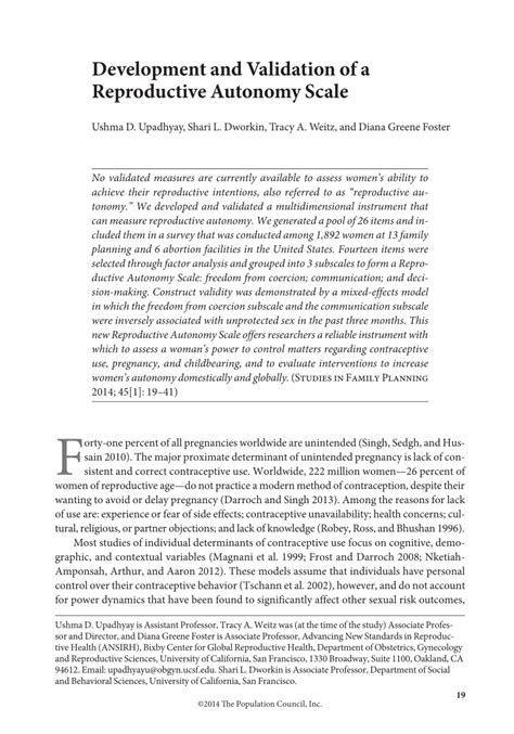 Pdf Development And Validation Of A Reproductive Autonomy Scale
