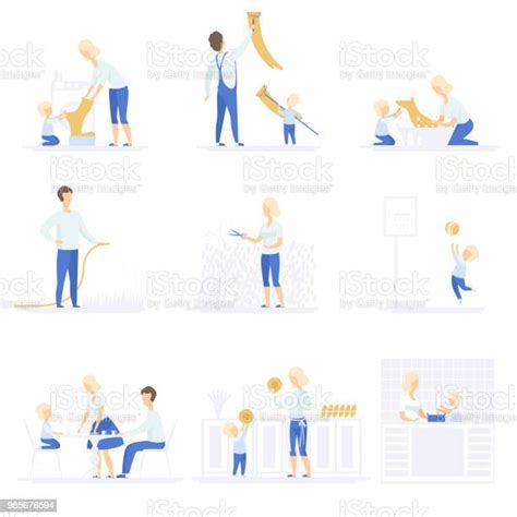 부모와 그들의 아이가 함께 시간을 보내고 숙제 하 고 재생 설정 흰색 배경에 가족 라이프 스타일 개념 벡터 일러스트 가족에 대한 스톡 벡터 아트 및 기타 이미지 Istock