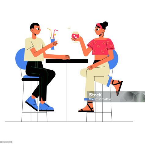 사회적 상호 작용 로맨스 그리고 대화를 상징하는 평면 벡터 일러스트 레이 션에서 음료와 함께 테이블에 앉아있는 커플 흰색 배경에 고립 된 남자에 대한 스톡 벡터 아트 및