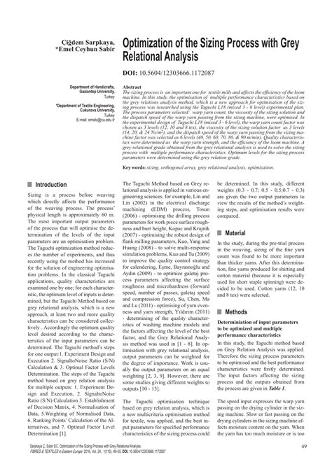 Pdf The Optimization Of The Sizing Process With Grey Relational Analysis