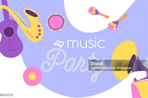 다채로운 악기 배너 소셜 미디어를 위한 텍스트 공간이 있는 뮤지컬 이벤트 포스터 현대 플랫 벡터 일러스트레이션 다중 색상에 대한