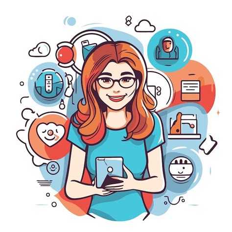 Young Woman With Smartphone And Social Media Icons Vector Line Art Illustration Premium Ai
