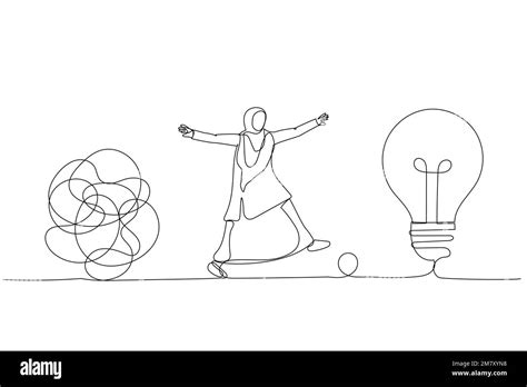 Cartoon Of Smart Muslim Businesswoman Walking Away From Mess Chaos Line To Simple Lightbulb Idea