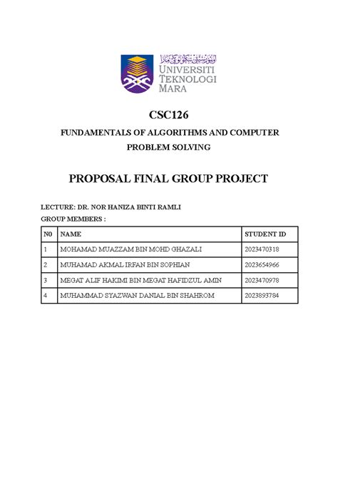 Proposal Csc 126 Csc Project Csc Fundamentals Of Algorithms And Computer Problem Solving
