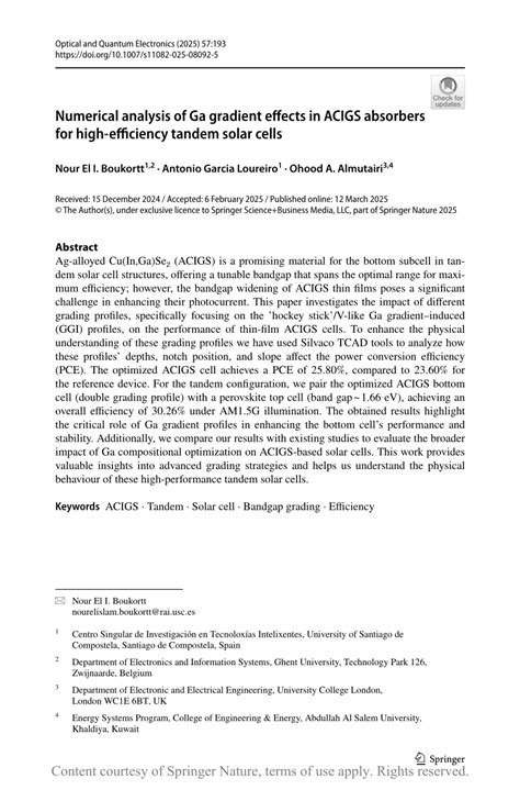 Numerical Analysis Of Ga Gradient Effects In Acigs Absorbers For High Efficiency Tandem Solar Cells