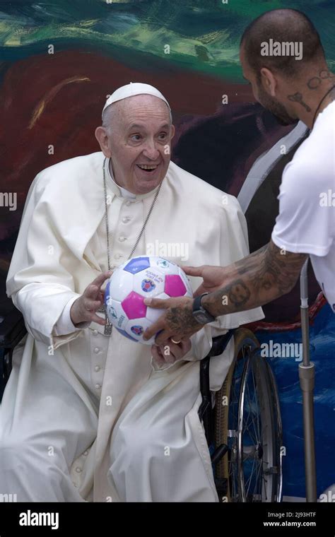 Rome Italy 19 May 2022 Pope Francis Receives A Soccer Ball To Sign