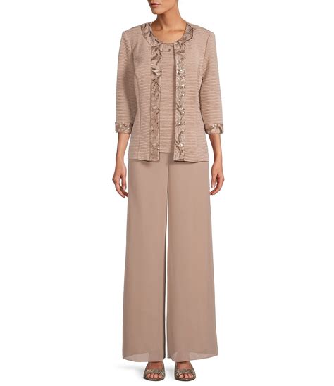 Le Bos Embroidered Round Neck 34 Sleeve Cuff Detail 3 Piece Pant Set
