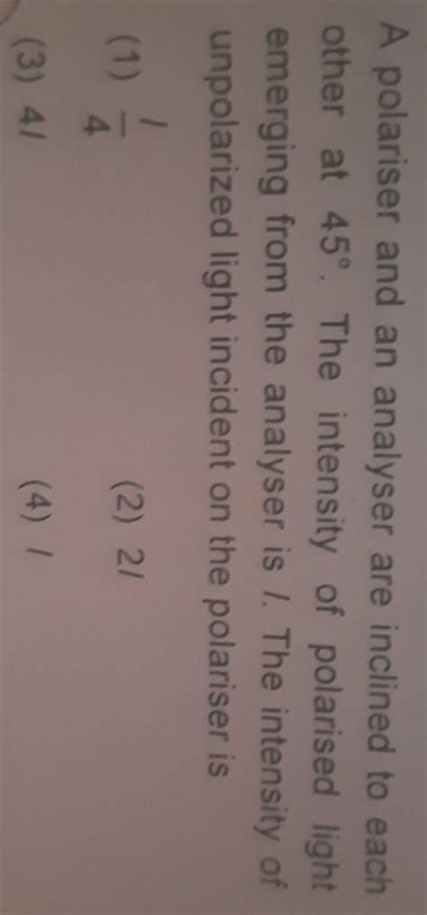A Polariser And An Analyser Are Inclined To Each Other At 45∘ The Intens