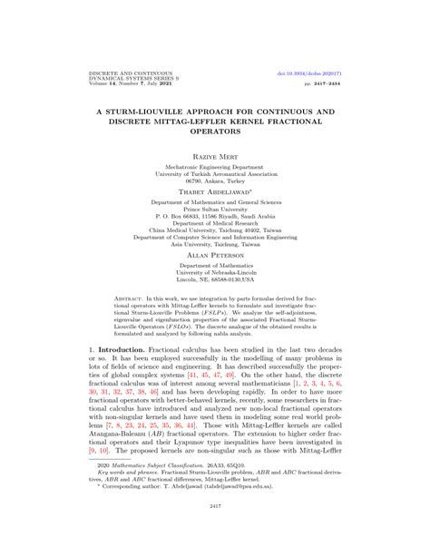 Pdf A Sturm Liouville Approach For Continuous And Discrete Mittag Leffler Kernel Fractional