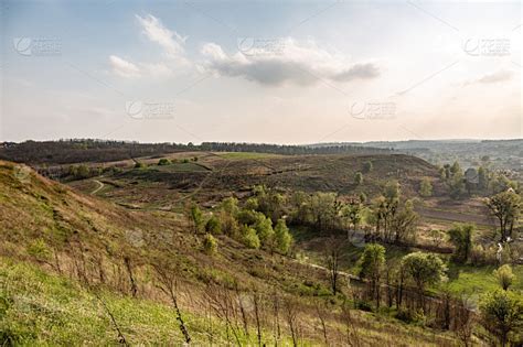 风景与视野的地平线，天空，山丘，田野和树木。晚春是一个阳光明媚的日子。水平方向